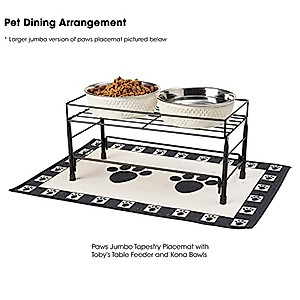 PetRageous 10209 Paws Tapestry Dog Non-Skid Machine Washable Placemat for Pet Feeding Stations with Rubber Backing 13-Inch by 19-Inch for Dogs and Cats, Black and Natural
