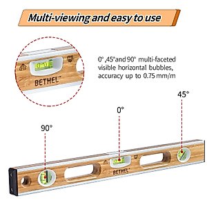 Bamboo Level, 24 Inch Level & Tool Solid Block Acrylic Vials, Resists Mortar Adhesion, for Masonry Application and General Leveling (Light)