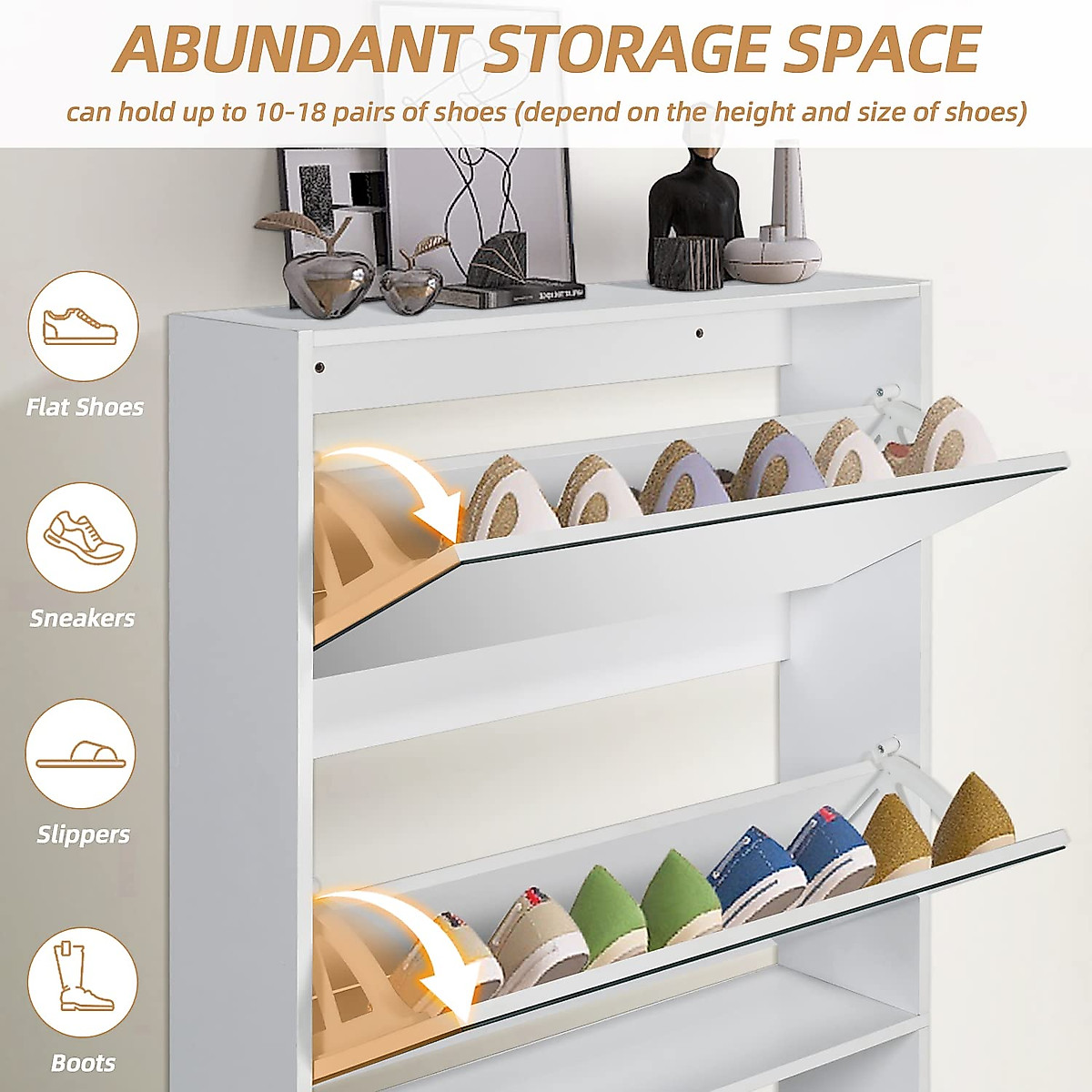 Shoe Storage Cabinet for Entryway Slim, White Wood Shoe Rack Organizer with 4 Flip Mirror Drawers, Freestanding Modern Narrow Shoes Storage Cabinet, Apartment, Living Room