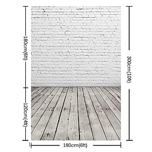 6'x10' White Brick Wall with Gray Wooden Floor Photography Backdrop Vinyl Background for Pictures D-2504