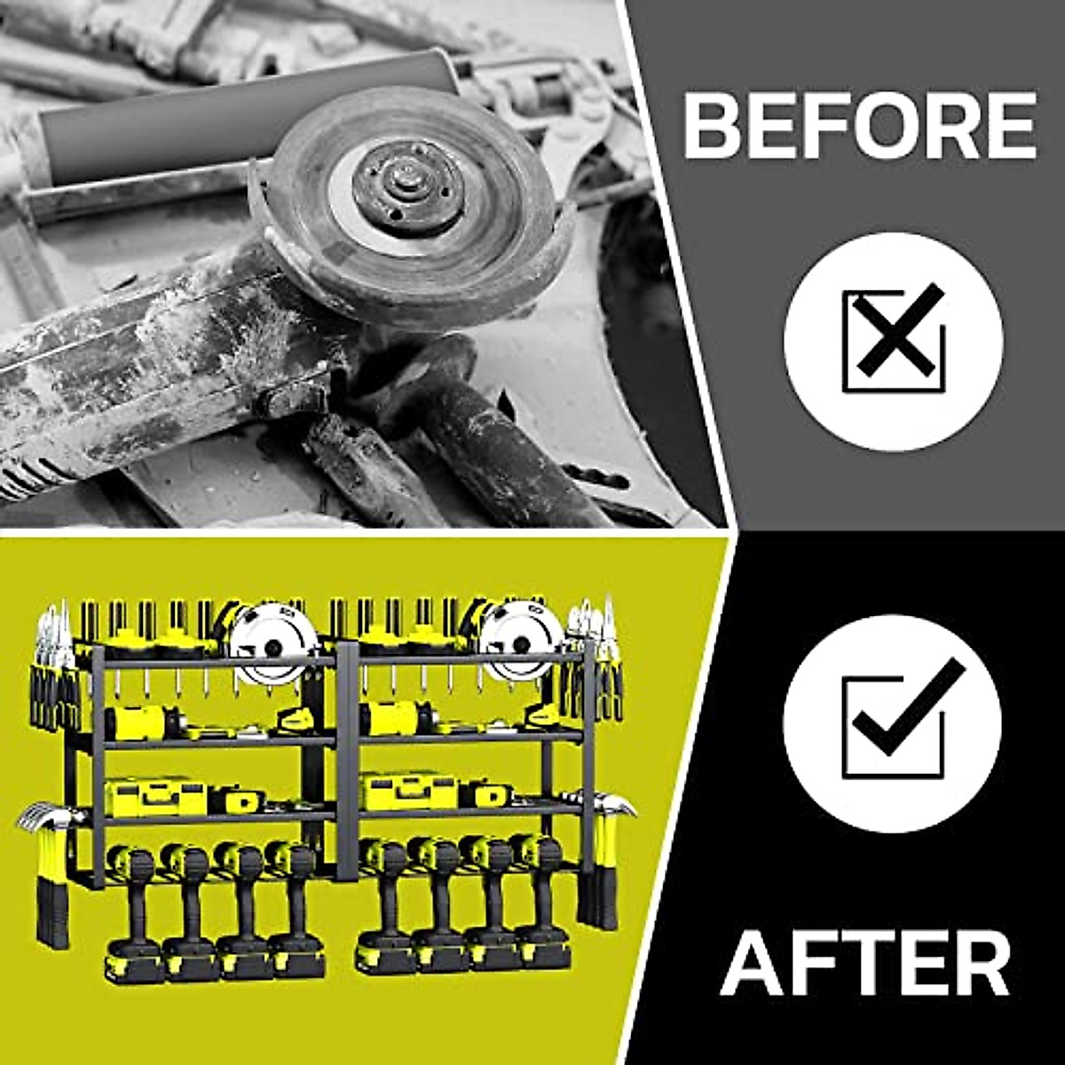 KAFAHOM Power Tool Organizer, 8 Drill Holder Wall Mount, 4 Layers Garage Tool Organizers and Tool Storage Rack, Heavy Duty Metal Tool Shelf with Screwdriver Holder/Plier Holder/Hammer Holder
