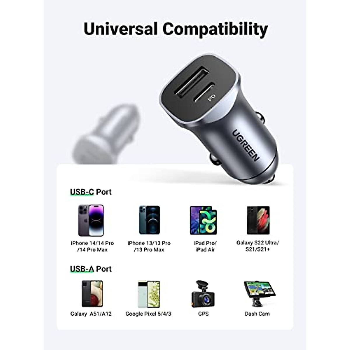 UGREEN USB C Car Charger, PD 20W & QC18W Fast Car Charger Adapter, Dual Port Mini USB Car Charger Compatible with iPhone 14/13/12/11/X/8, iPad, Galaxy S23/S22/S21/S20/Note 20, Google Pixel, LG