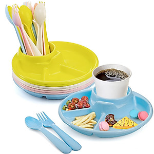 Hedume Set of 8 Toddler Feeding Divided Plates with Fork and Spoon, 4-Compartment Divided Plastic Kids Tray with Deep Sides for Baby, Toddler & Child Feeding, BPA Free, Microwave & Dishwasher Safe