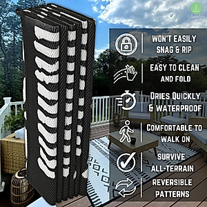 Glamplife Recycled Plastic Rug, 9x12 Rv mat, Black and White Camping Rugs for Outside Your RV, Large Indoor Outdoor Rugs for Awnings, Patio Rug, Outdoor Carpet Waterproof