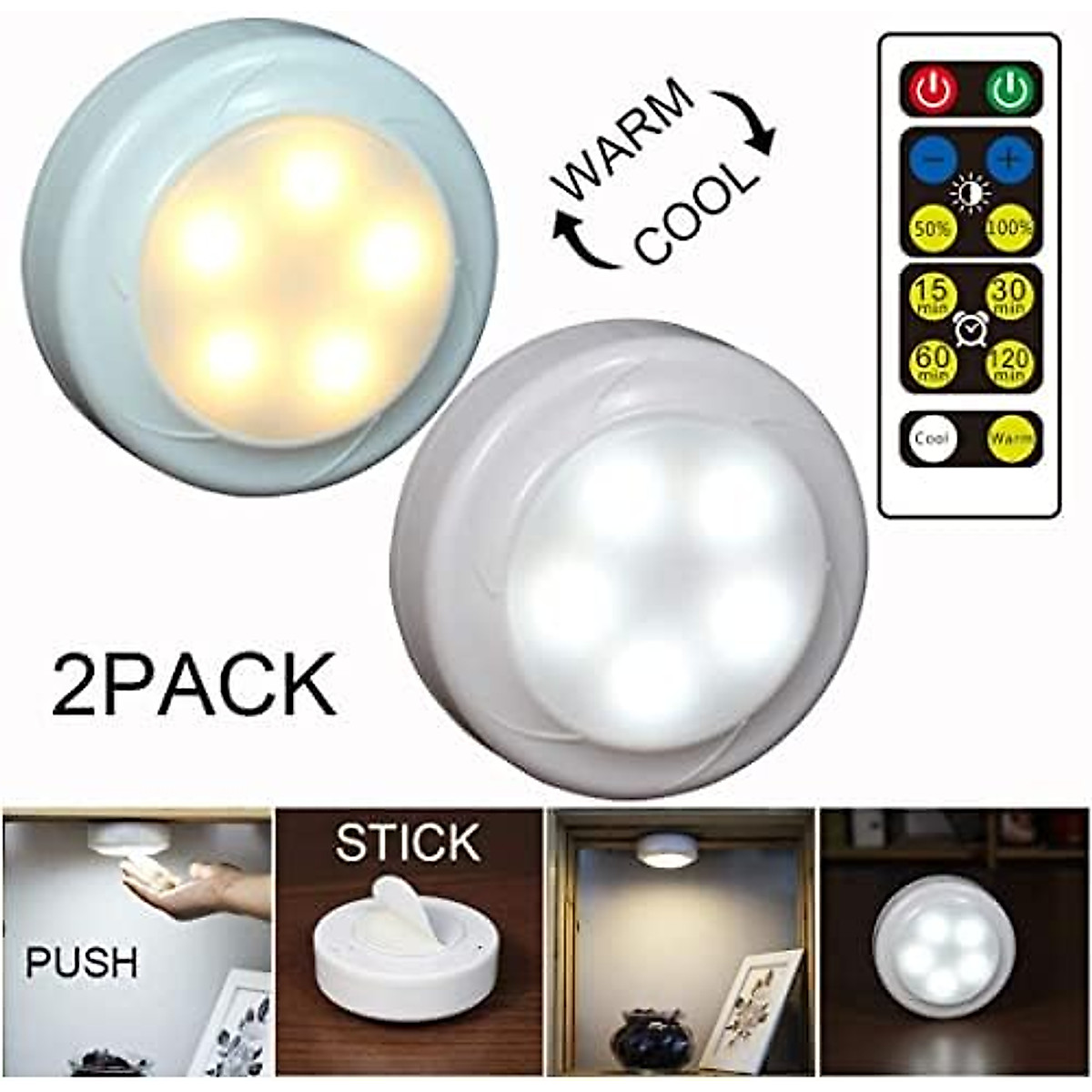 WRalwaysLX 2pack Remote Control LED Cabinet Push Light Cool/Warm Adjustable Night Light, Used by 3x1.5V AA Batteries (Not Included) for Kitchen Under Cabinet Lighting,Closets, Cabinets…