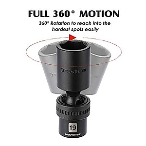 MIXPOWER 10-piece 3/8" Drive Deep Universal Impact Socket Set, 6 Point, Metric, 10-19 mm, Swivel Socket with Flexible Wobble, CR-MO Impact Grade…