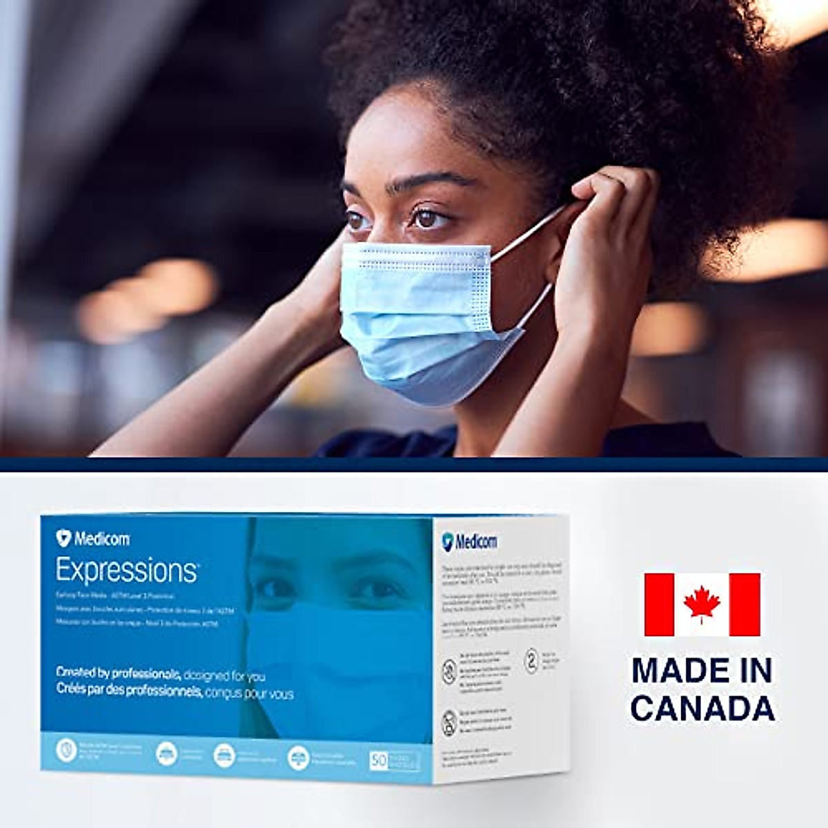 Medicom Expressions Disposable Face Masks - Box of 50 ASTM Level 3 Surgical Masks - 3 Layer Medical Masks Made in Canada - Blue Adult Masks