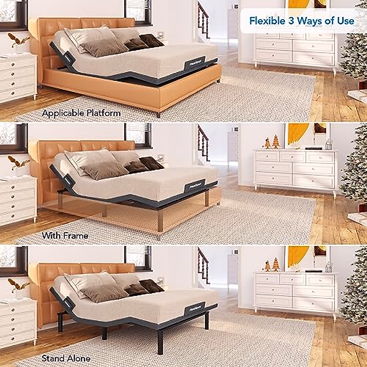 FLEXISPOT S6 Adjustable Bed Frame Base Queen, Quick Assembly, Massage, Zero Clearance, Whisper Quiet Durable Motor, Zero Gravity, Mattress Holder, Anti-Snore, Wireless, Best Gift for Family