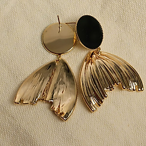 Sonateomber Gold Mermaid Fishtail Drop Dangle Statement Earrings For Women Big Black Dome Fish Tail Ginkgo Leaf Dangly Summer Ocean Beach Prom Jewelry Gift