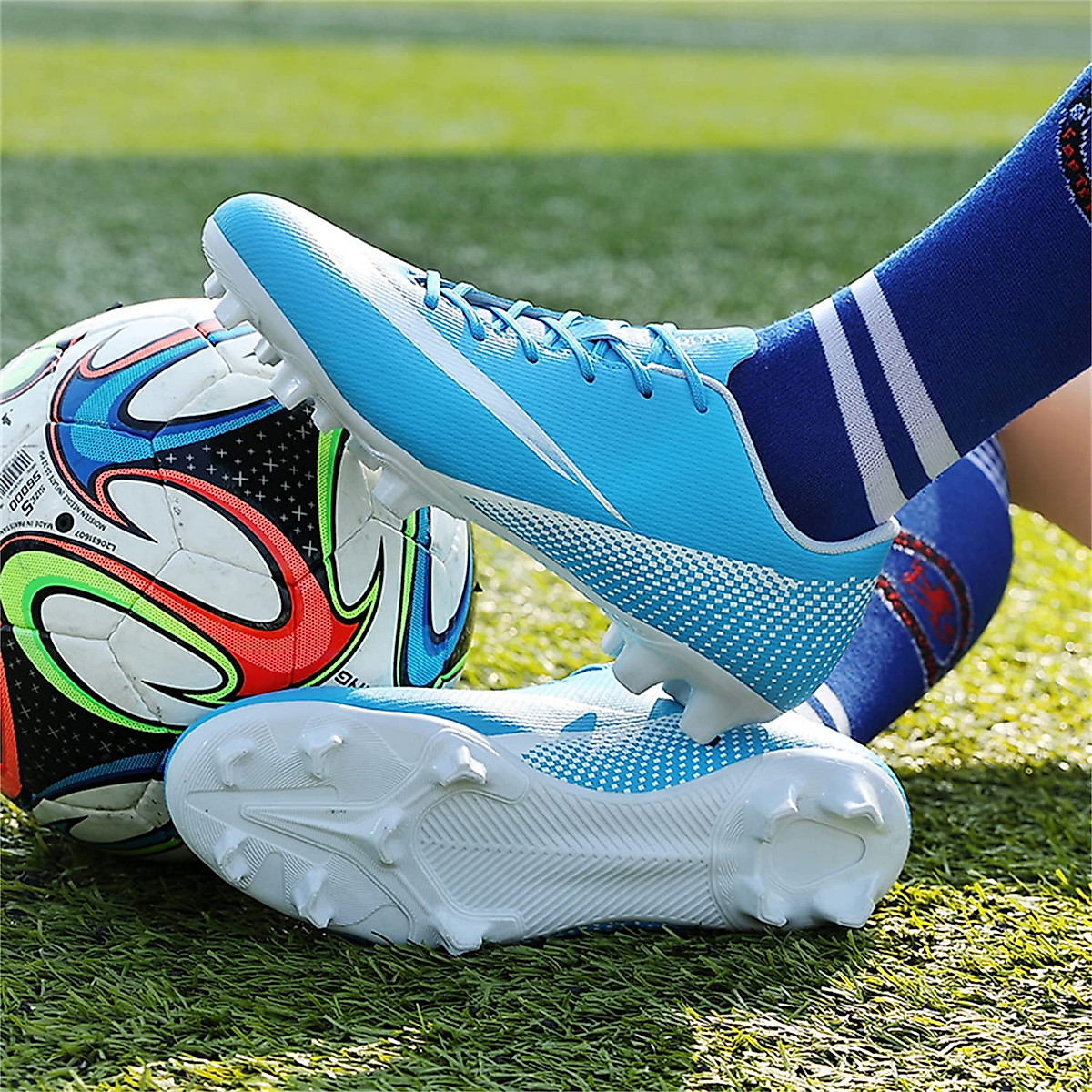 MDPCX Unisex Competitive Football Shoes Indoor and Outdoor Football Shoes Lawn Mundial Team Non-Slip Running Shoes Sports Lightweight Breathable Non-Slip Shock-Absorbing Shoes. Blue