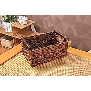 Storage Basket made by Water Hyacinth with Wood Handles, Arts and Crafts. (RectangleA-Medium)