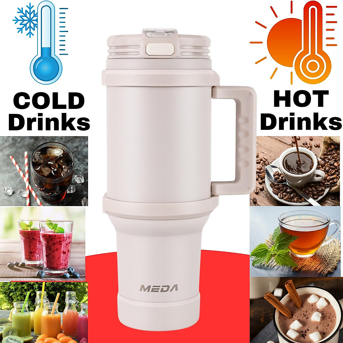 MEDA 40 oz Tumbler with Foldable Handle – Insulated, Reusable Stainless Steel Travel Coffee Mug – Perfect for Travel, Water, Iced Tea, Coffee – Ideal Easter Gift (Cream)