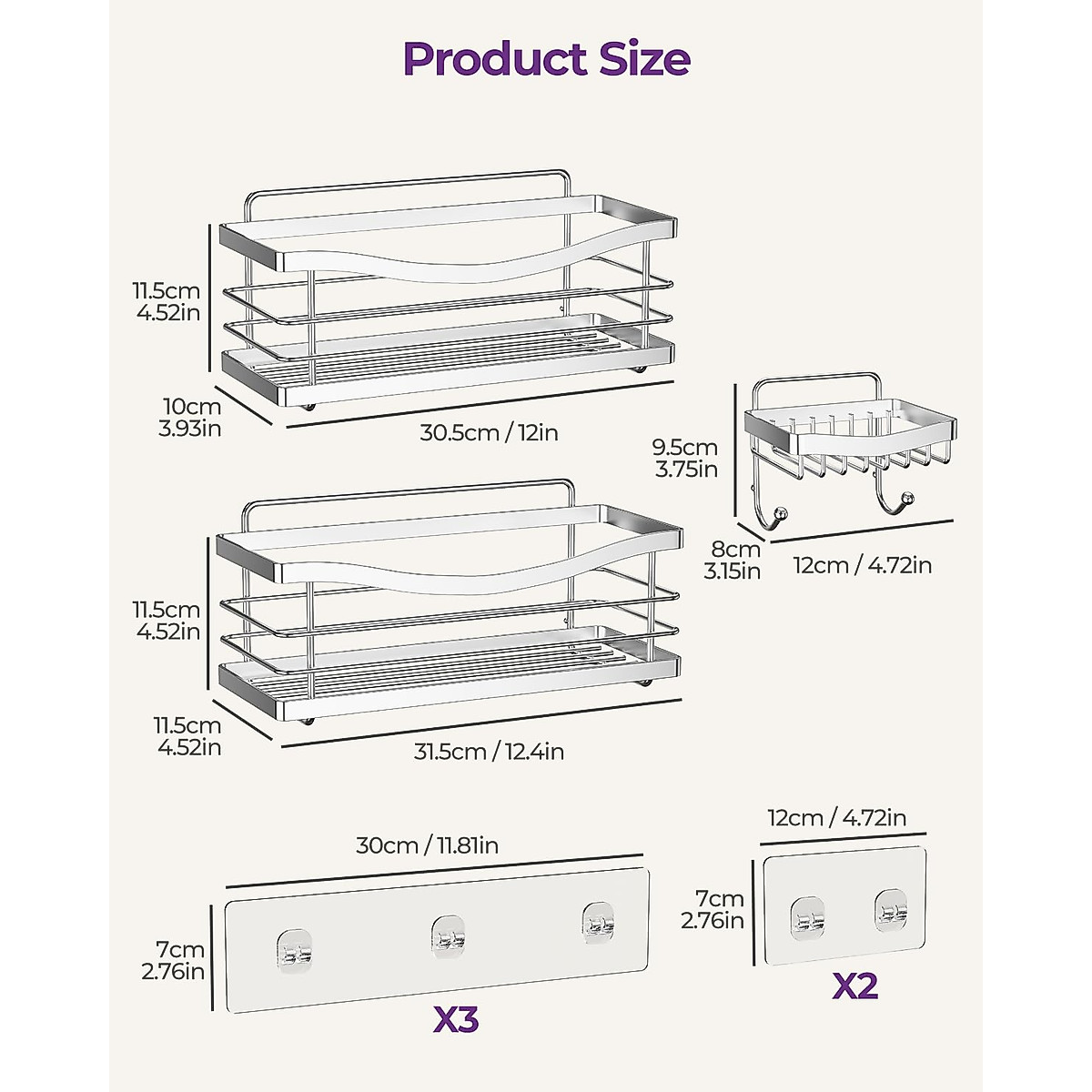 ODesign Adhesive Shower Caddy No Drilling with Soap Dish 3 Tiers Stainless Steel Shower Organizer for Shampoo Conditioner Bathroom Organizer Accessories with Removable Hooks Wall Mounted - RUSTPROOF