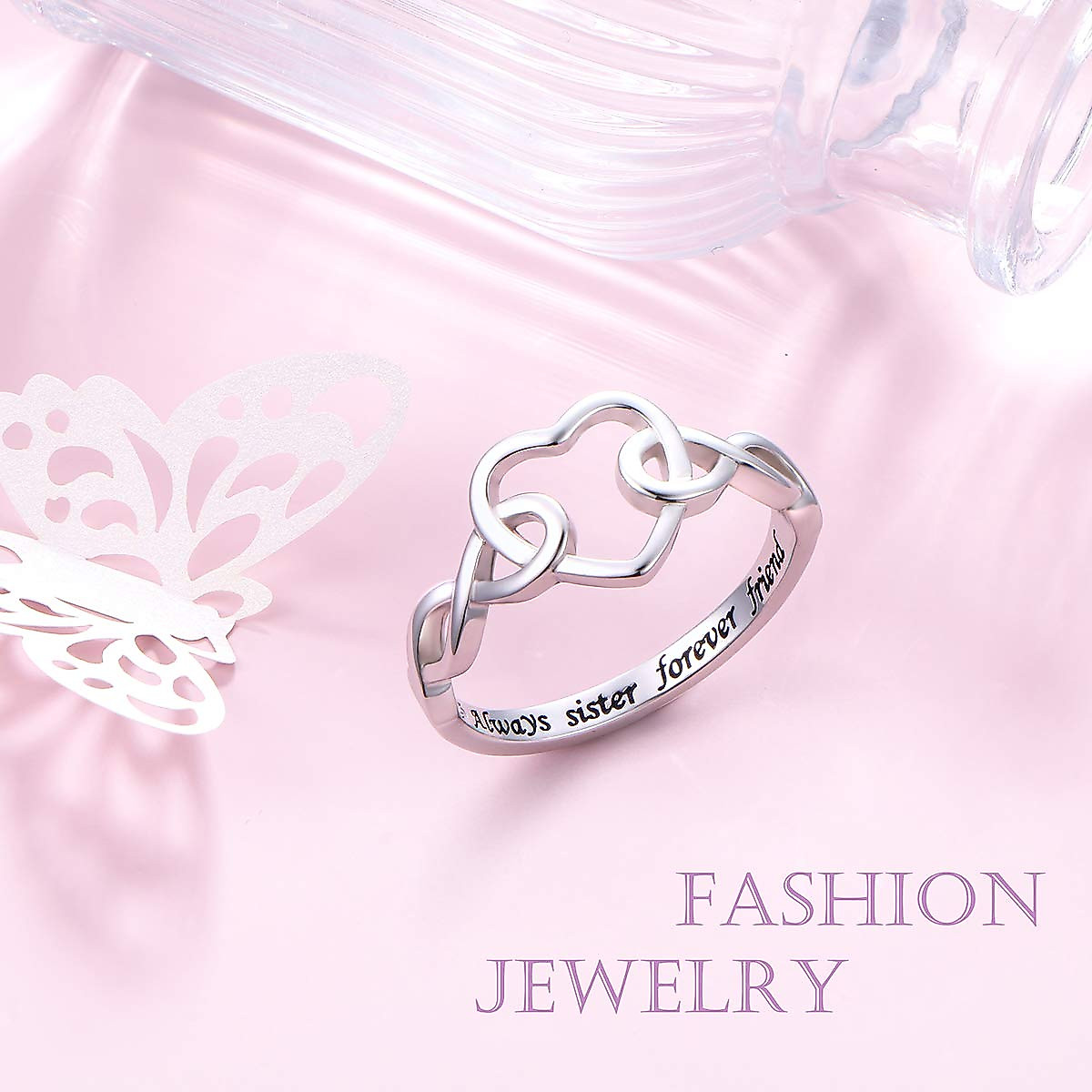 Yearace 925 Sterling Silver Engraved Always Sister Forever Friend Heart Infinity Love Knot Ring for Sister Women Siblings Birthday Gift, Size 7