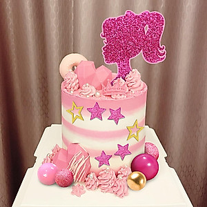 36 PCS Hot Pink Girl Cake Topper Balls Cake Decorations with Pink and Gold Balls Shiny Stars for Wedding Baby Shower Anniversary Girl Birthday Themed Party Supplies (Stars)