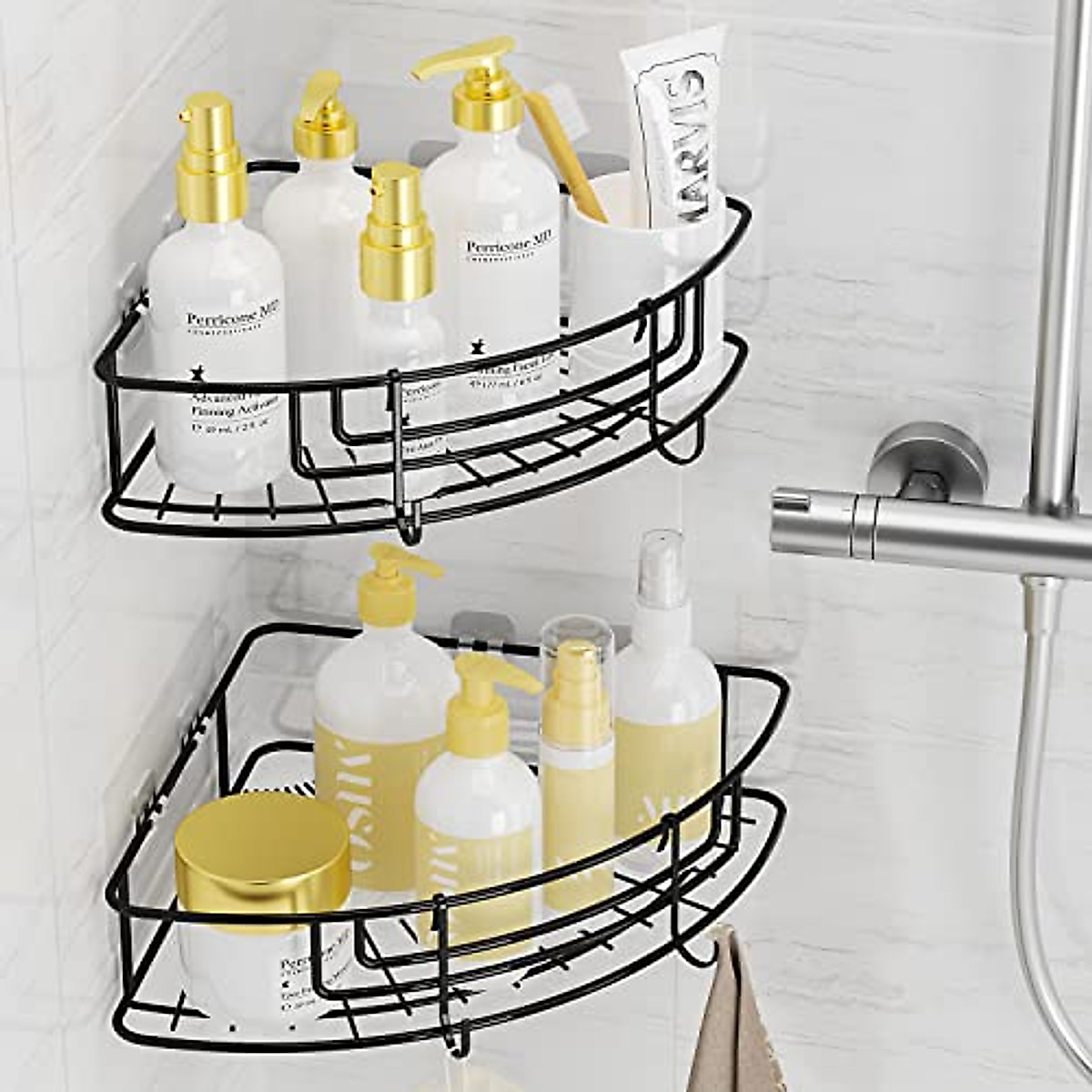 GAAKY Corner Shower Caddy, 3 Pack Corner Shower Shelf with Soap Holder and 4 Hooks, No Drilling Shower Organizer Adhesive Stainless Steel Shower Shelves for Bathroom Storage(Black)