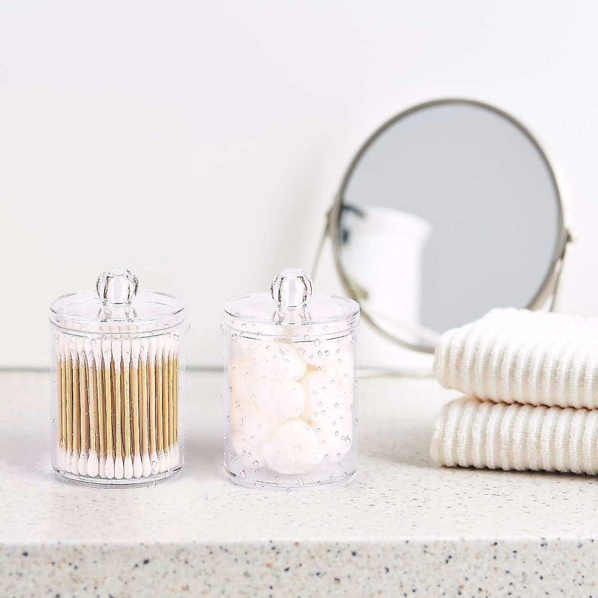 Tbestmax 4 Pack Qtip Holder - 10 oz, 12 oz Restroom Bathroom Organizers and Storage Containers, Clear Plastic Apothecary Jars with Lids for Cotton Ball, Cotton Swab, Cotton Round Pads, Floss