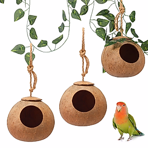 Skylety 3 Pcs Coconut Bird Nest Hut Hanging Bird House Coconut Hide with 6.9 Feet Fake Vines Coconut Fiber Shell Small Bird Cage Accessories for Parrot Parakeet Canary Reptile Crested Gecko Hamster