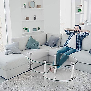 Tangkula Glass Coffee Table, Modern Furniture Decor 2-Tier Modern Oval Smooth Glass Tea Table End Table for Home Office with 2 Tier Tempered Glass Boards & Sturdy Chrome Plated Legs