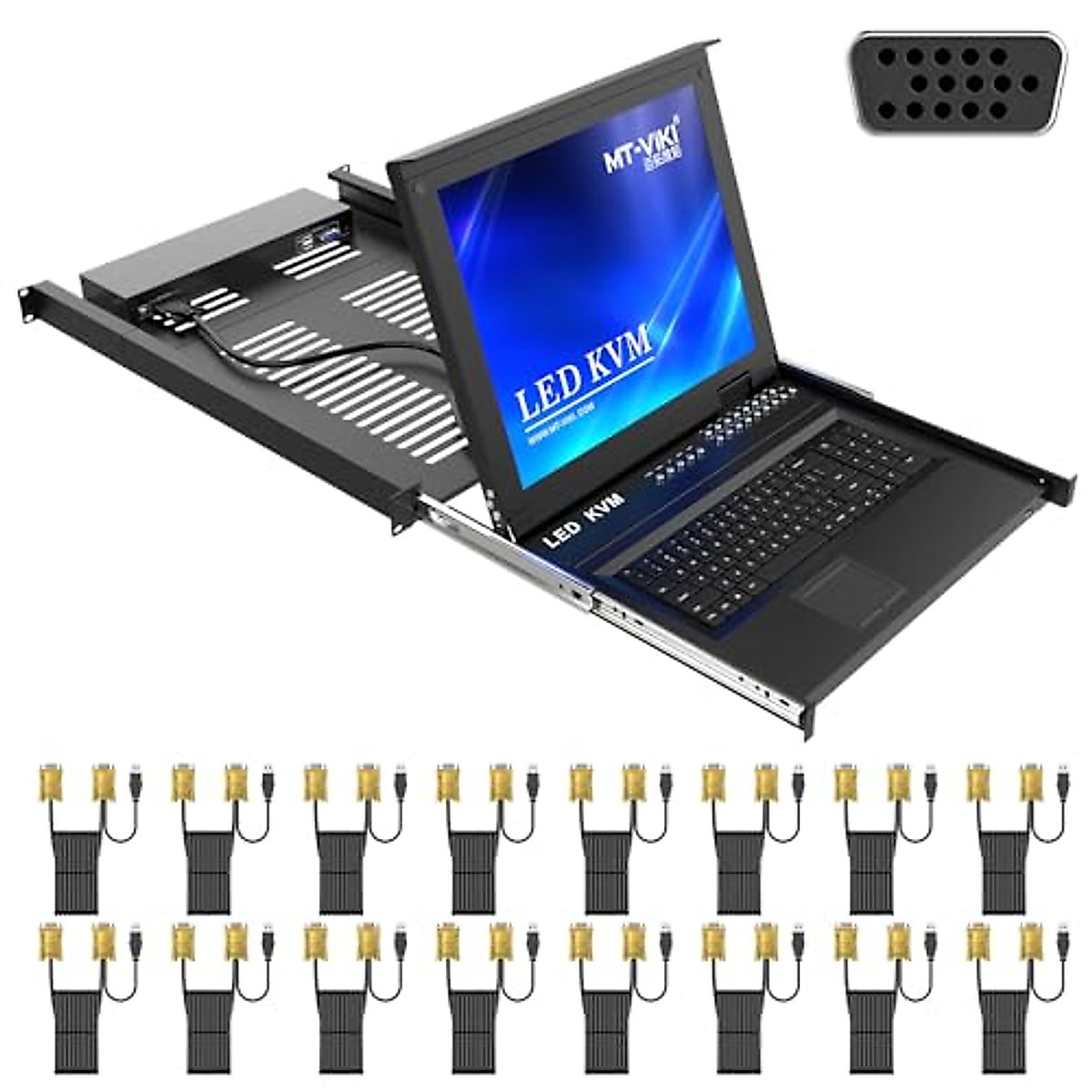 MT-VIKI 16 Port KVM VGA Switch w/17'' LCD Monitor, 1U Rack Mount KVM Monitor Switch,1280x1024@60Hz Support OSD/Hotkey/Button Switching, + 16 KVM Cables, Fit 1U 19'' Rack