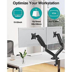 MOUNT PRO Dual Monitor Mount Fits 13 to 32 Inch Computer Screen, Height Adjustable Monitor Stand for 2 Monitors, Gas Spring Monitor Arm Holds up to 17. 6lbs Each, Monitor Desk VESA Mount, Black