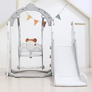 MERIT play Toddler Slide Kids Slide and Swing Set, 4 in 1 Baby Slide Climber Playset with Basketball Hoop and Safety Swing Set, Indoor Outdoor Backyard Baby Playground Toys for Toddlers Age 1-5, Grey