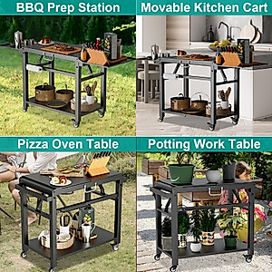 Upgrade Foldable Dining Cart Table, Movable Flattop Grill Cart Stand for Blackstone, Weber, Ninja, Portable BBQ Grill, Outdoor Pizza Oven and Other Grill Grddle, Grill Table Cart for Outside Camping