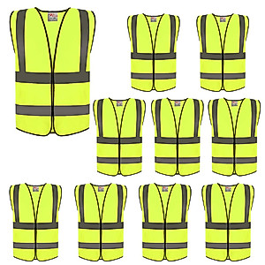 ZOJO High Visibility Reflective Vests,Adjustable Size,Lightweight Mesh Fabric, Wholesale Safety Vest for Outdoor Works, Cycling, Jogging, Walking,Sports - Fits for Men and Women (10 Pack, Neon Yellow)