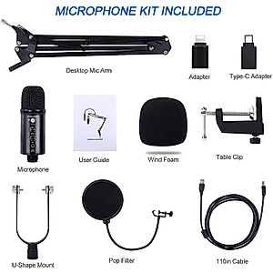 USB Microphone Condenser Computer PC Gaming Mic Podcast Microphone Kit for Streaming,Recording,Vocals,ASMR,Voice,Cardioid Studio Microphone for Phone/Pad/Android/MAC/Laptop/PS4/USB C Phone,YouTube