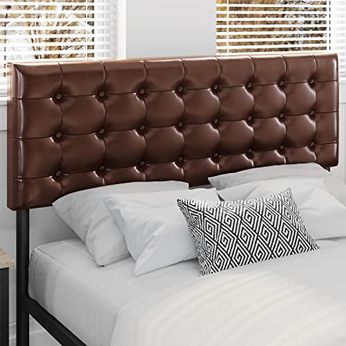 Yaheetech Queen Size Bed Frame, Metal Platform Bed with Faux Leather Height-Adjustable Headboard/12 Inch Underbed Storage/Noise Free/No Box Spring Needed/Industrial Pipe Foot End, Elegant Brown