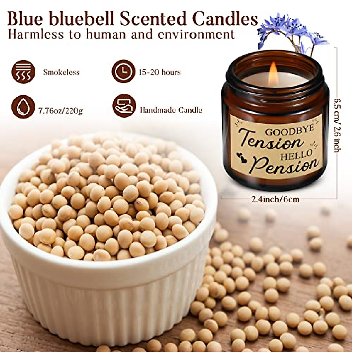 5 Pcs Retirement Gift Hug Scented Candle Goodbye Tension Bluebells Scented Candle Soy Wax Aromatherapy Candle Pocket Hug Token PU Leather Keychain Funny Retirement Card Retro for Retirement Gift