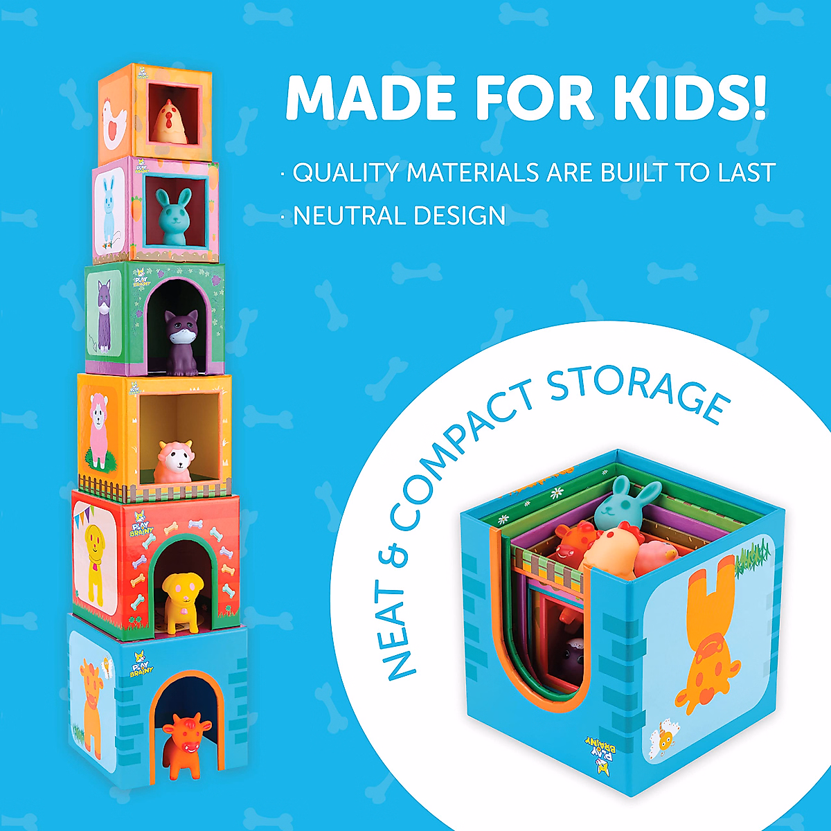 Play Brainy Farm Animal Sorting and Stacking Toys for Toddlers Ages 1-3 - 6 Sets of Animal Stacking Blocks Toddler Toys for Girls and Boys for Preschool Concepts & Early Learning Baby Gifts