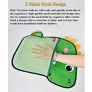 NEXTAKE Baby Bath Toy Organizer, Lovely Cartoon 2 Sided Mesh Hanging Bathtub Toy Holder Quick Dry Mesh Storage Box Large Capacity Tub Toy Storage Bag with 2 Strong Suction Cup Hooks (Dinosaur)
