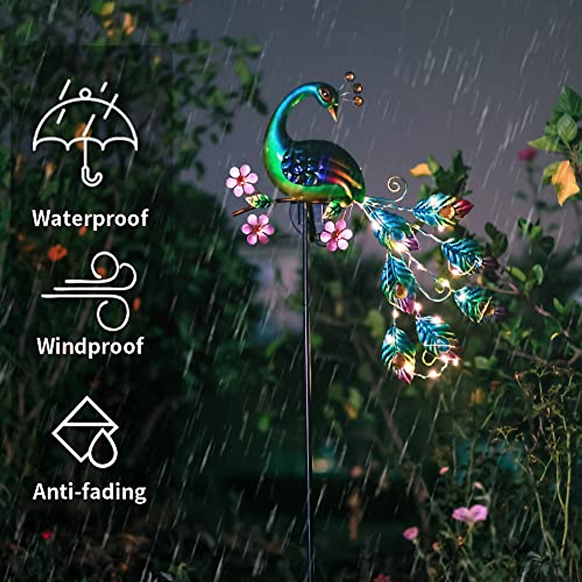 DREAMSOUL Pathway Lights Solar Powered, Metal Peacock Garden Decor - Waterproof Peacock Solar Walkway Lights for Outdoor Yard Lawn Driveway Decorations