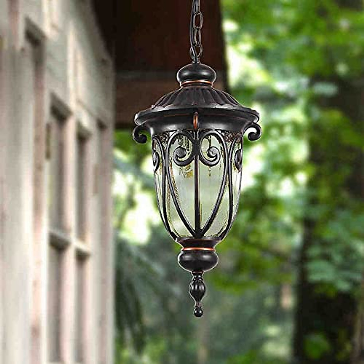 European Outdoor Ceiling Light Hanging Bronze Lantern Brown 16.1" Champagne Hammered Glass Damp Rated Pendant Lights Aluminum Outside for Exterior House Porch Patio Deck Garage Front Door Garden Home