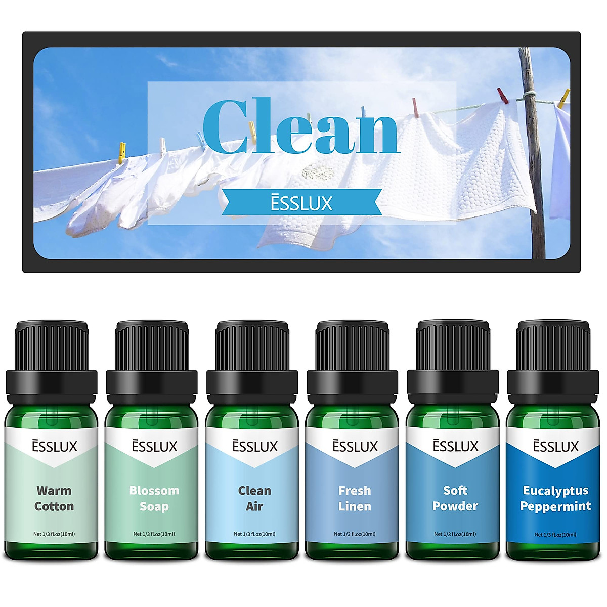 Clean Fragrance Oil, ESSLUX Essential Scented Oils for Diffuser for Home, Premium Soap Candle Making Scents, Aromatherapy Oils Collection for Laundry, Humidifiers, Fresh Scents for Spring Summer
