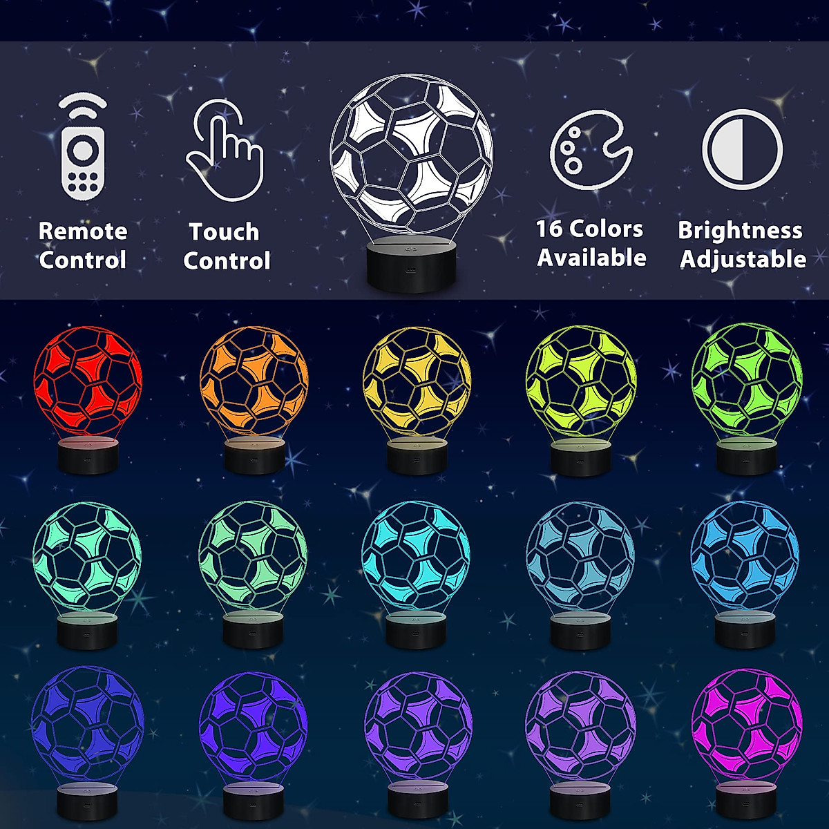 Lampeez Kids 3D Soccer Lamp Football Night Light Optical Illusion Lamp with 16 Colors Changing Remote Control Birthday Day Gift Idea for Sport Theme Fan Boys Girls