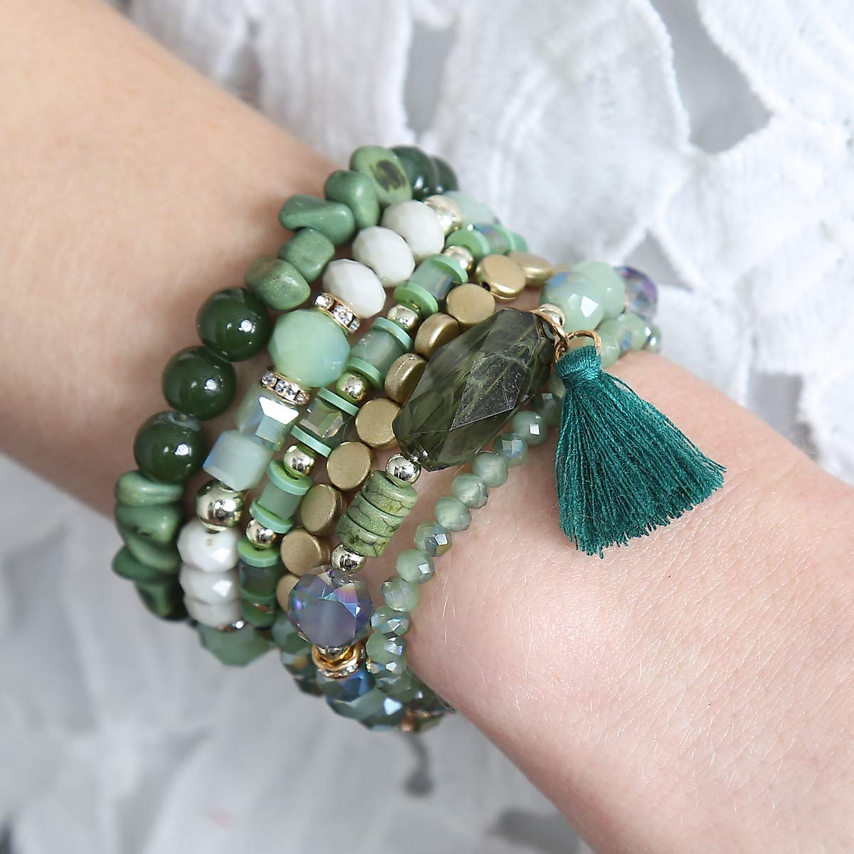 RIAH FASHION Coin Bead Multi Layer Versatile Statement Bracelets - Stackable Beaded Strand Stretch Bangles Sparkly Crystal, Tassel Charm (Green)
