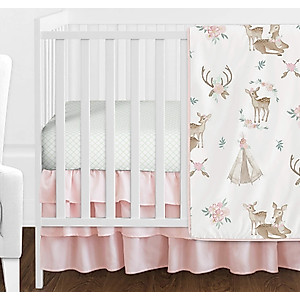 Sweet Jojo Designs Blush Pink, Mint Green and White Boho Watercolor Woodland Deer Floral Baby Girl Crib Bedding Set - 11 Pieces