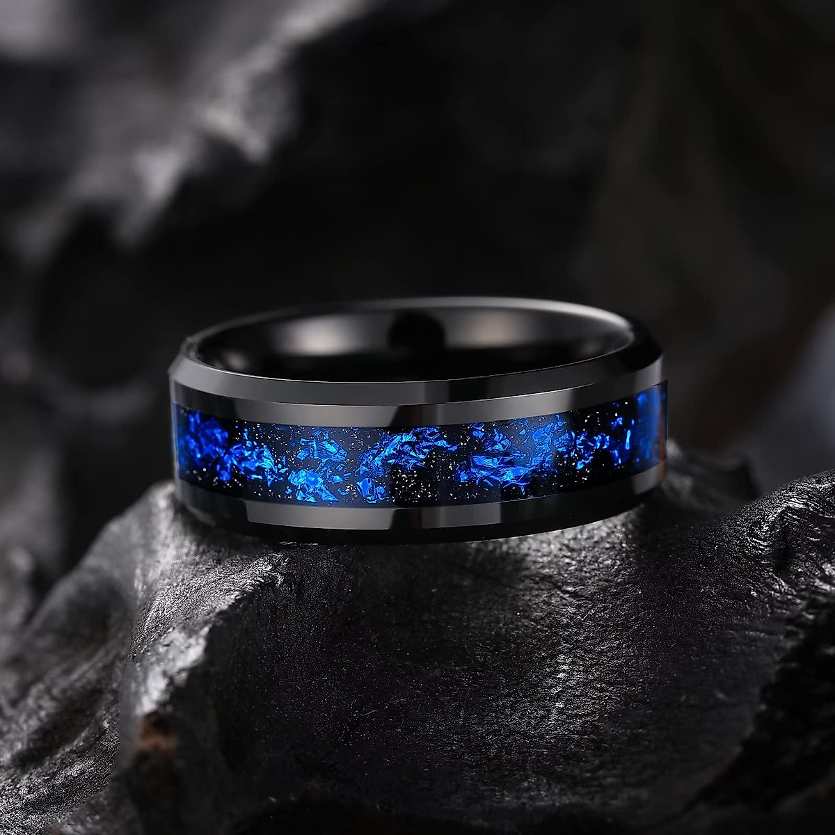 King Will Mens 8mm Black Tungsten Carbide Wedding Ring Blue Foils Inlay Tungsten Ring Beveled Edge Tungsten Ring 10