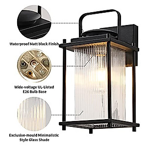 GAAZIE Outdoor Wall Lantern,Exterior Waterproof Light Fixtures,Black Porch Light with Striped Glass,13''H Outdoor Light Fixtures for Garage Front Porch and Patio 1 Pack Bulb Not Included