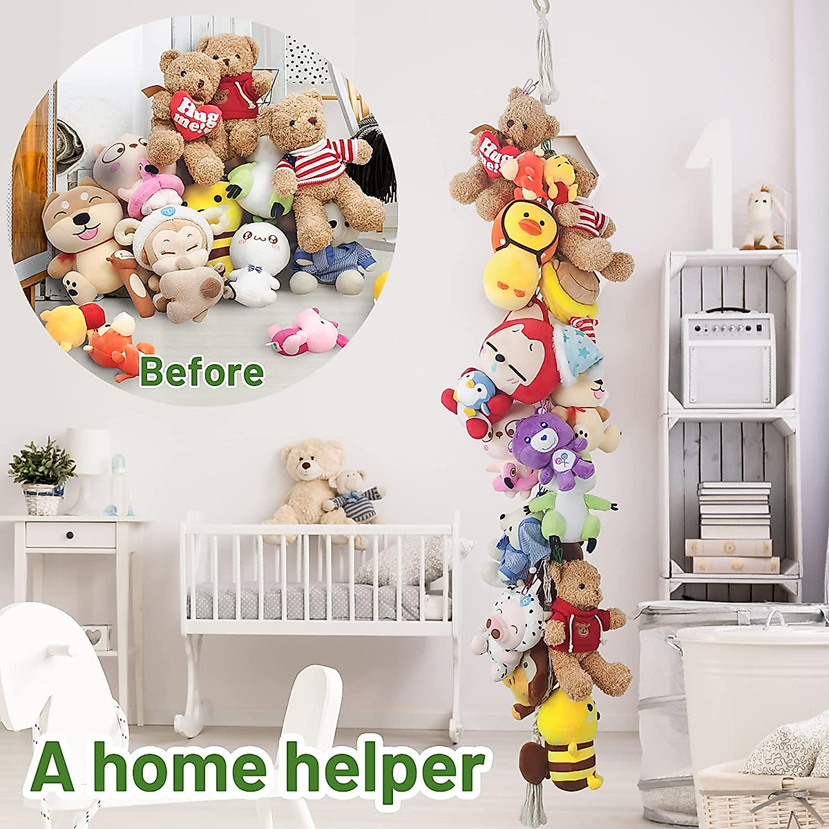 Stuffed Animal Net Hammock & Toy Chain, Toy Storage Hanging Organizer for Kids Bedroom, Playroom, Nursery Room, Corner Plush Toys Net Holder Boho Decor