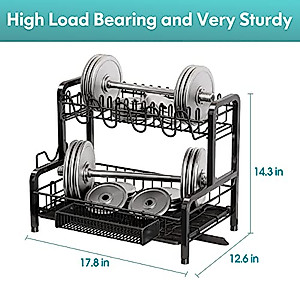 BOOSINY Dish Drying Rack and Drainboard Set for Kitchen Counter, 2 Tier Large Stainless Steel Sink Organizer Dish Racks with Cups Holder, Utensil Holder, Dish Strainer Shelf (Black)