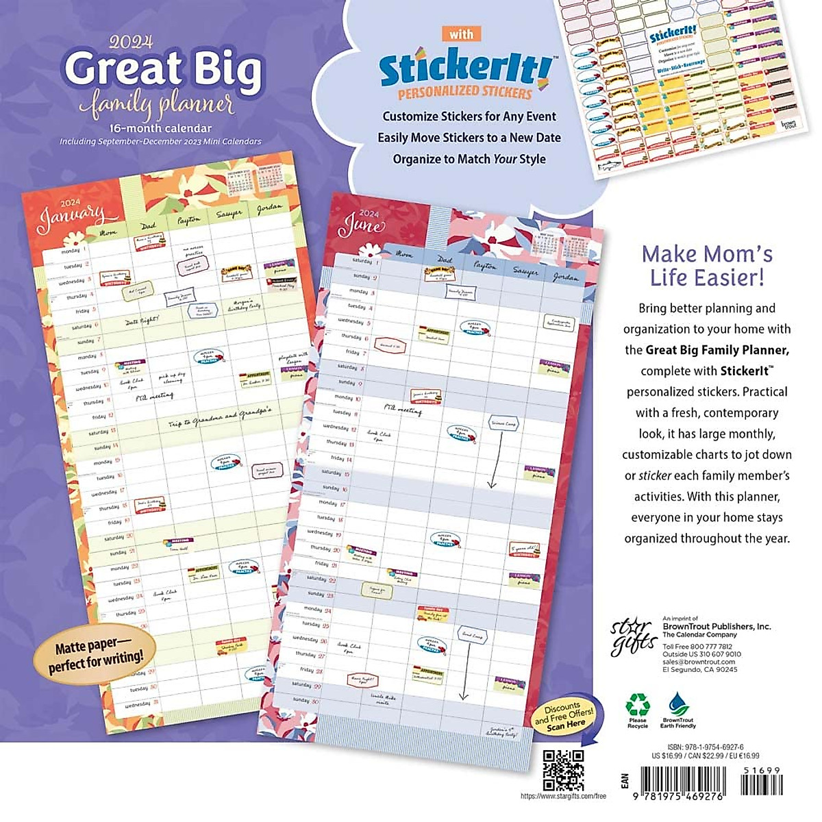 Great Big Family Planner | 2024 12 x 24 Inch Monthly Square Wall Calendar | Matte Paper and Sticker Sheet | StarGifts | Planning Organization