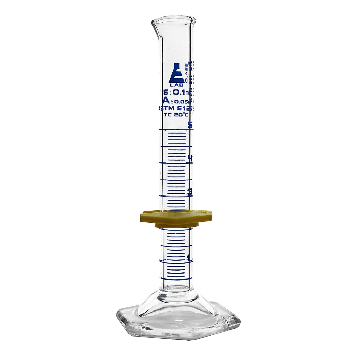 EISCO - Graduated Cylinder, 5mL - ASTM, Class A Tolerance ±0.05mL - Protective Collar, Hexagonal Base - Blue Graduations - Borosilicate 3.3 Glass