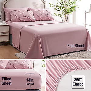 Ubauba 7pc Pink Queen Comforter Set, Pintuck Bed in a Bag Blush Bed Set with Comforters and Sheets 7 Piece, All Season Pinched Bedding Sets for Women (Pink,Queen Size)
