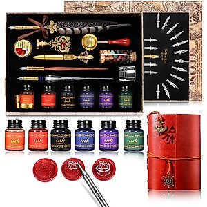 Vintage Pheasant Quill Pen Ink Set,Feather Dip Pen Set with Classic Spiral Bound Leather Notebook,Beginners Glass Dip Pen Wood Calligraphy Pen Craft Decoration Pen,Best Gift Kit for Writing,Drawing
