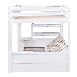 SOFTSEA Full Over Futon/Full Bunk Bed with Storage Staircases, Convertible Couch and Bed with Drawers, Wood Bunk Bed Frame for Kids Teens, No Box Spring Needed (White)
