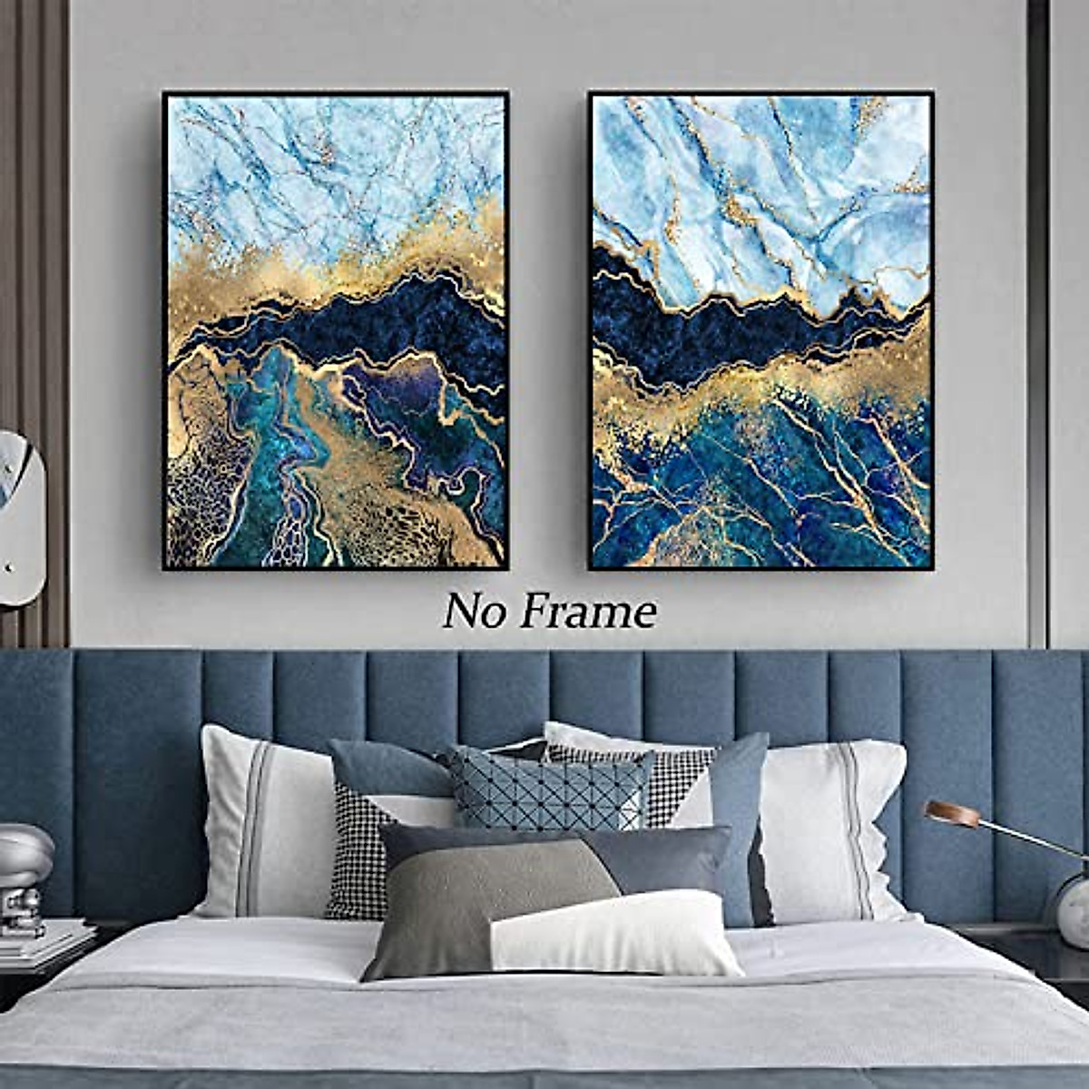 Navy Blue and Gold Marble Wall Art Abstract Marble Modern Trendy Canvas Prints Blue and White Marble Painting Abstract Shaped Artwork Light Blue and Navy Wall Art Abstract Marble 16x24inx3pcs No Frame