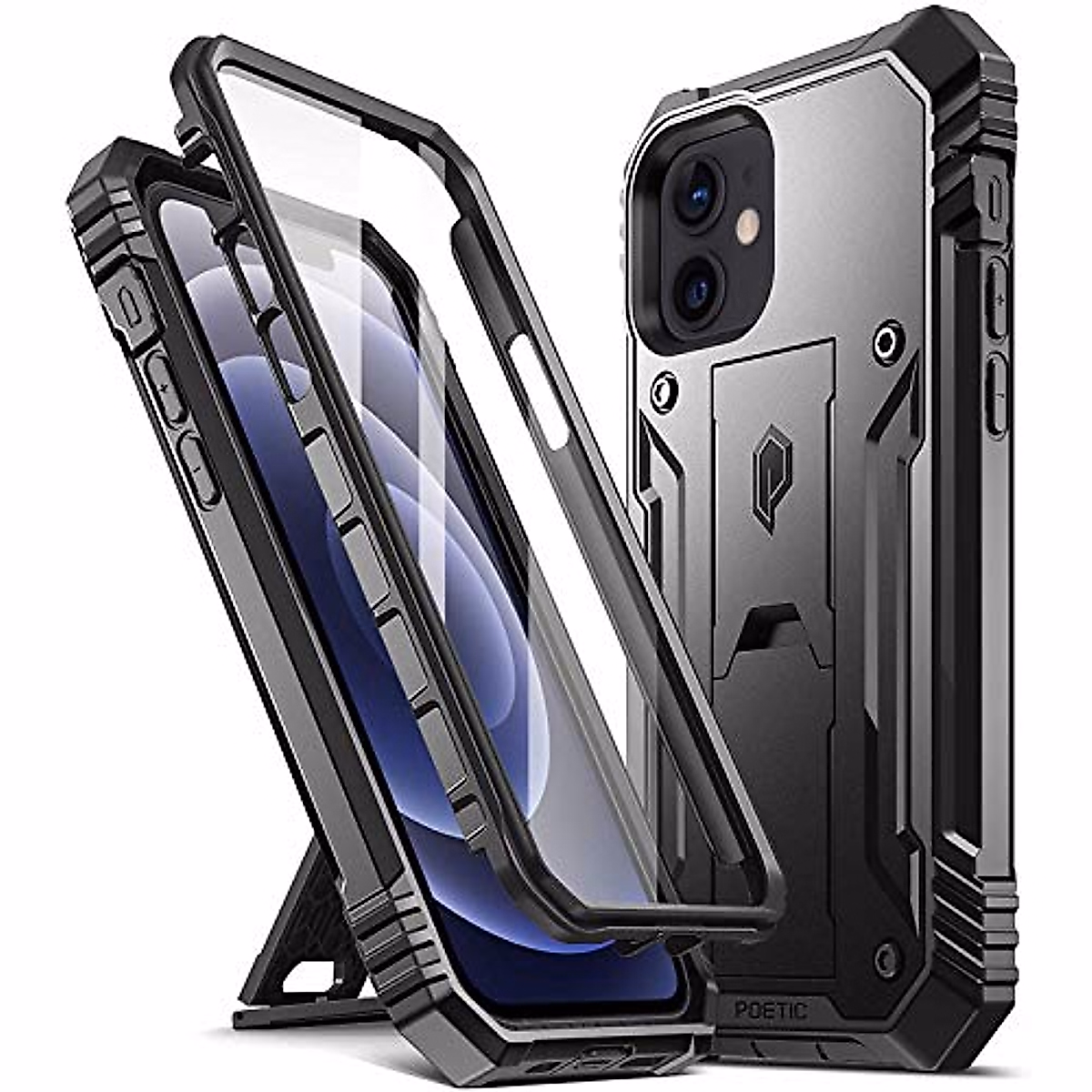 Poetic Revolution for iPhone 12 / iPhone 12 Pro Case 6.1 inch (2020 Release), Full-Body Rugged Dual-Layer Shockproof Protective Cover with Kickstand and Built-in-Screen Protector, Black